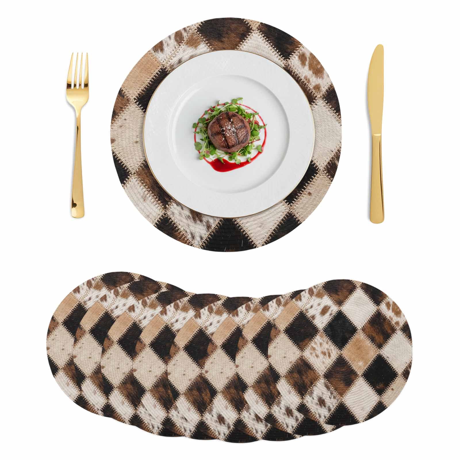 Brown Cow Print Round Placemats Set of 8 Farmhouse Country Cowhide Fur ...