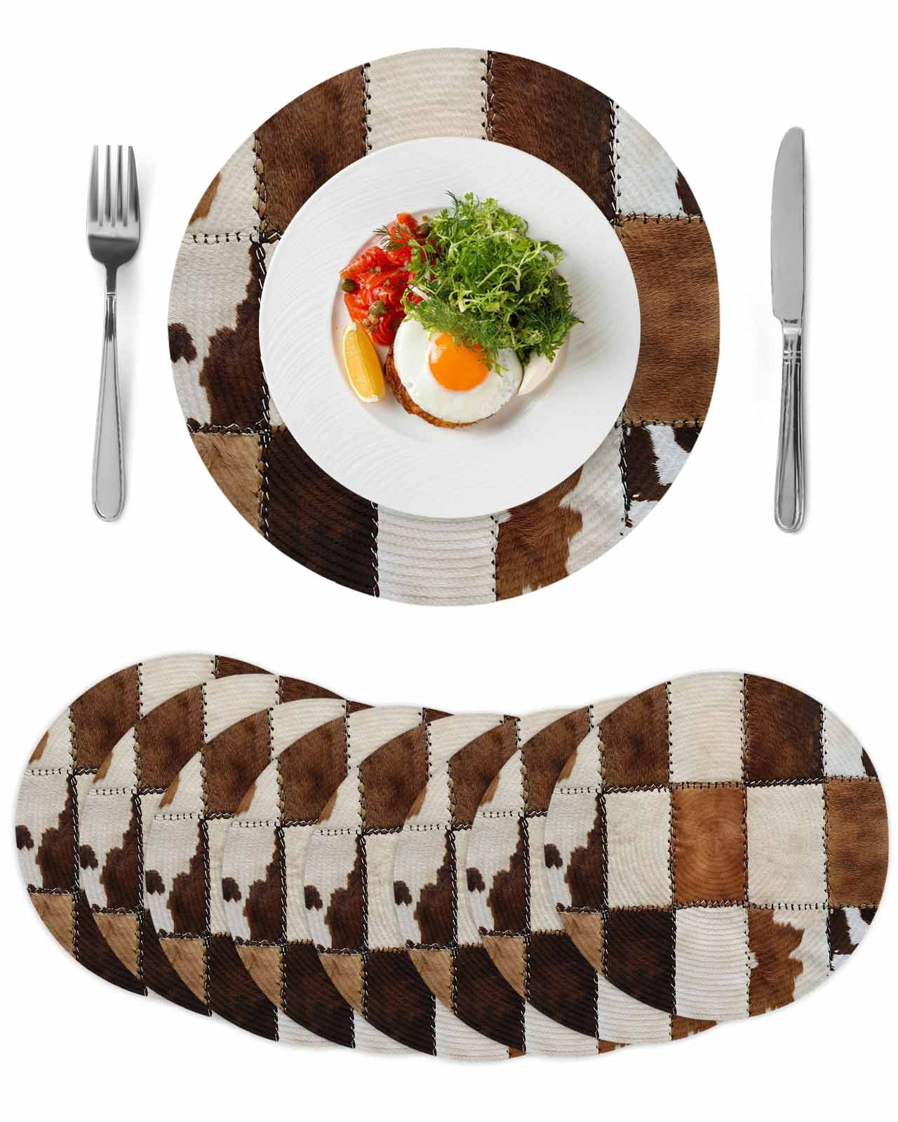 Brown Cow Print Round Table Placemats set of 8, Cow Textured Washable ...