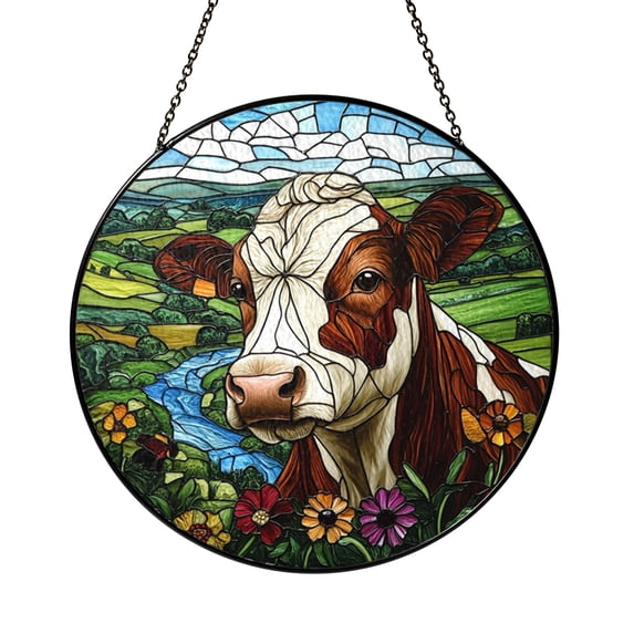 Brown Cow Stained Glass Style Ornament Window Hanging, Farm Animal ...