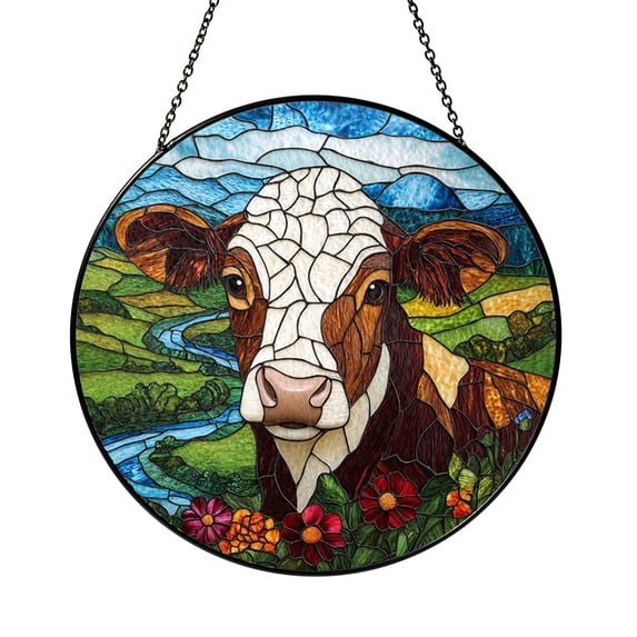 Brown Cow Stained Glass Style Suncatcher Window Hanging, Farm Animal ...