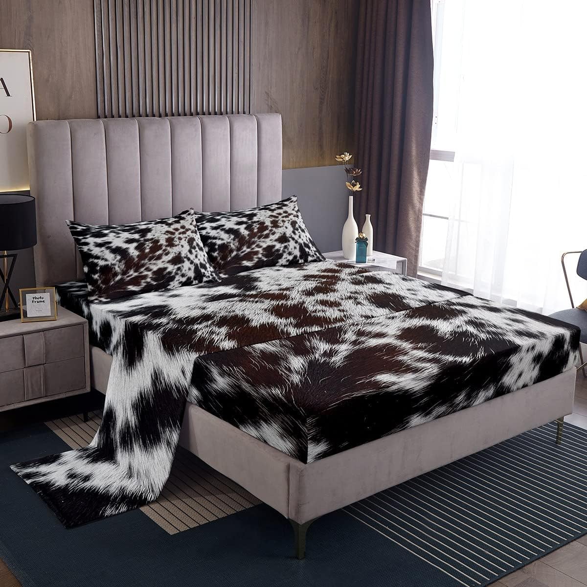 Brown Cowhide Bedding,Aztec Black White Aztec Cow Print Bed Sheet Set ...