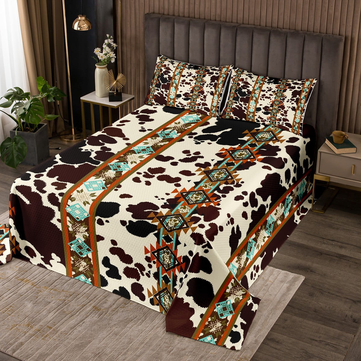 Brown Cowhide Coverlet Set exotic Tribal Arrow Aztec Bedspread Set Twin ...