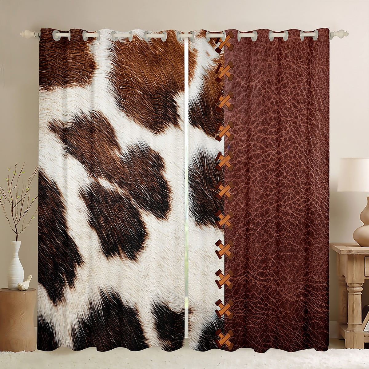 Brown Cowhide Curtains Patchwork Cow Print 2 Panels 38"Wx54"L Curtains ...
