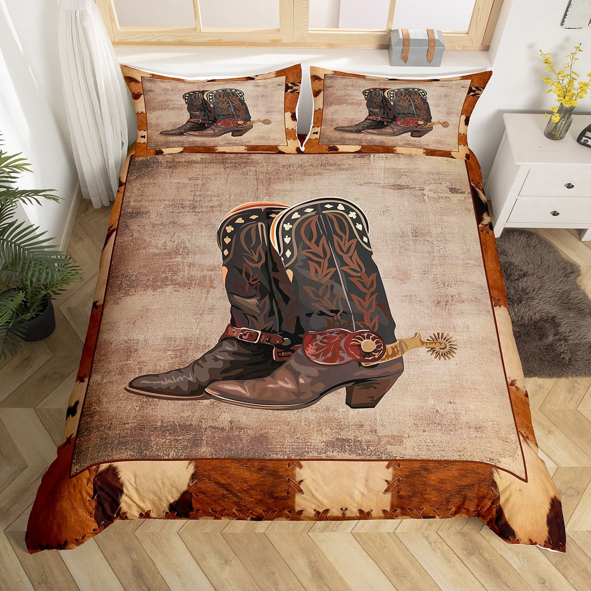 Brown Cowhide Duvet Cover Full Cowboy Boots Bedding Set Western Tribal ...