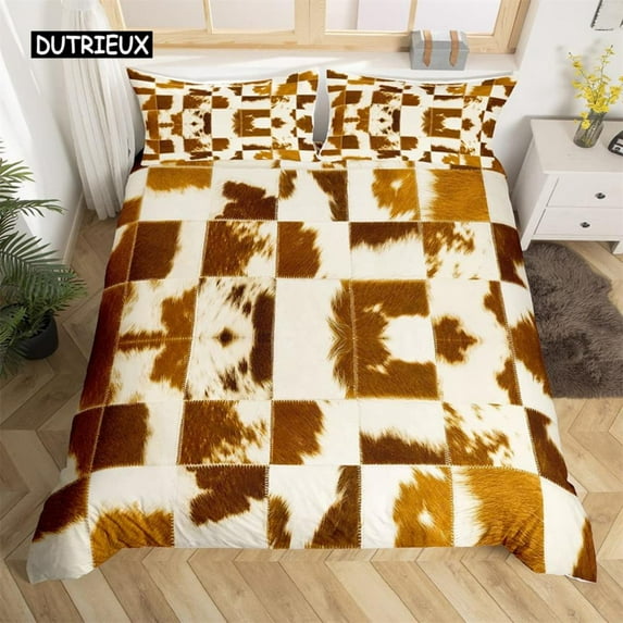 Brown Cowhide Duvet Cover Patchwork Cow Fur Farm Animal Bedding Set ...