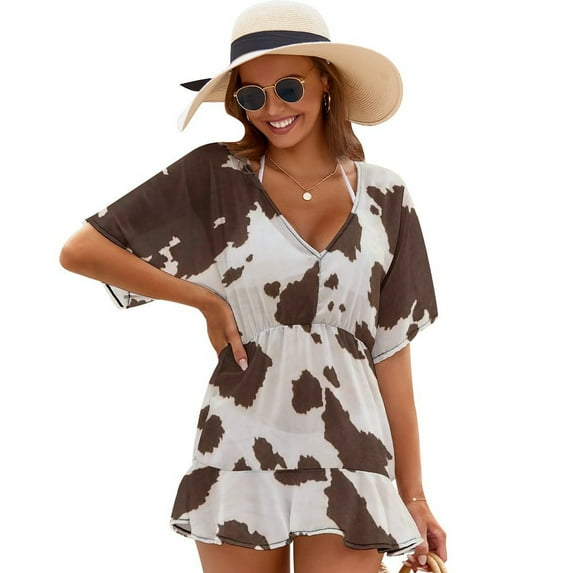 Brown Cowhide Leather Beach Cover Ups Women V Neck Short Sleeve Dress ...