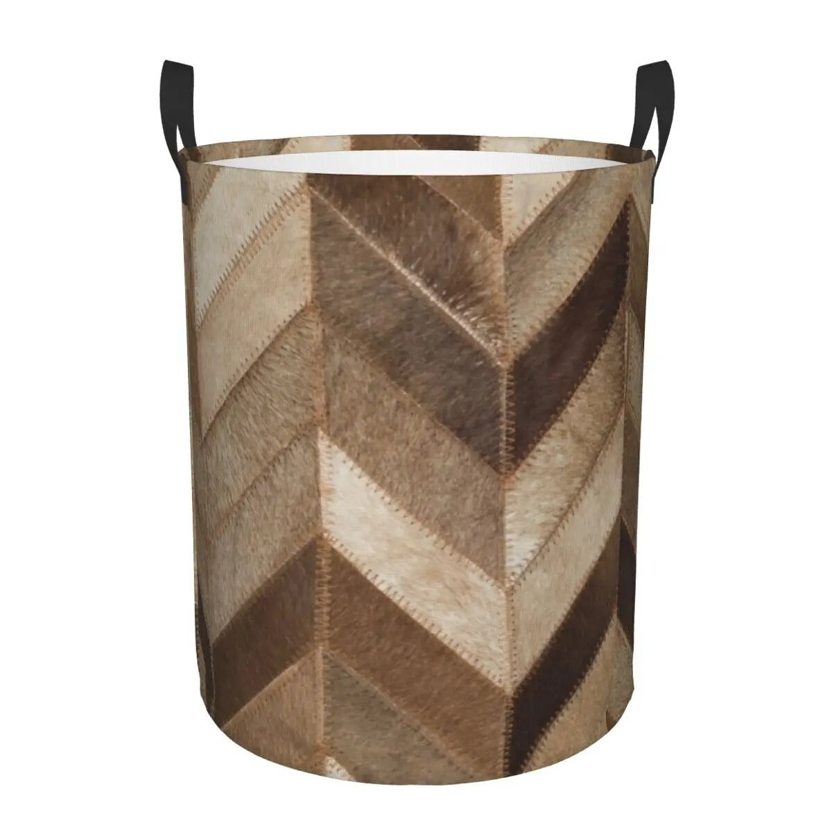 Brown Cowhide Leather Patch Laundry Basket Foldable Tan Fur Animal Hide ...