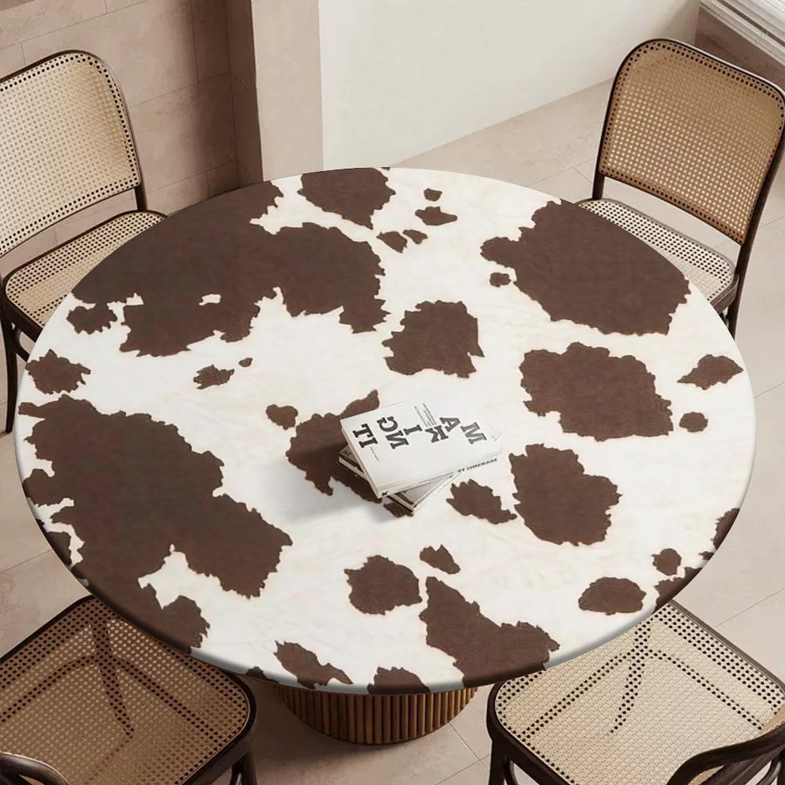Brown Cowhide Leather Round Table Cover Kitchen Printed Waterproof ...
