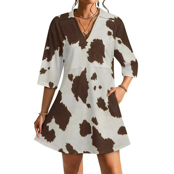 Brown Cowhide Leather Womens Dress With Pockets Summer V Neck 3/4 ...