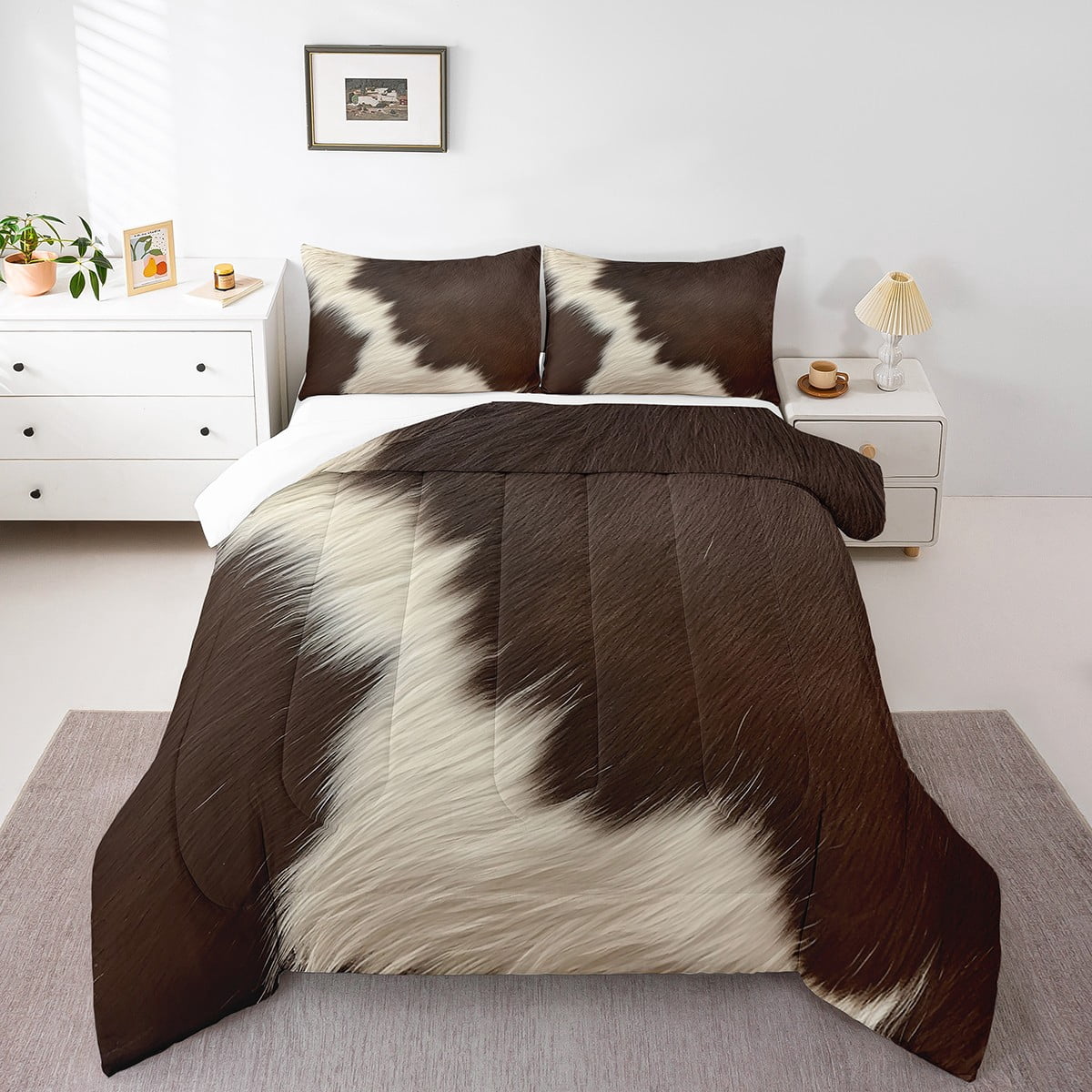Brown Cowhide Print Bedding Set for Adults,Cow Queen Comforter Set,Cute ...