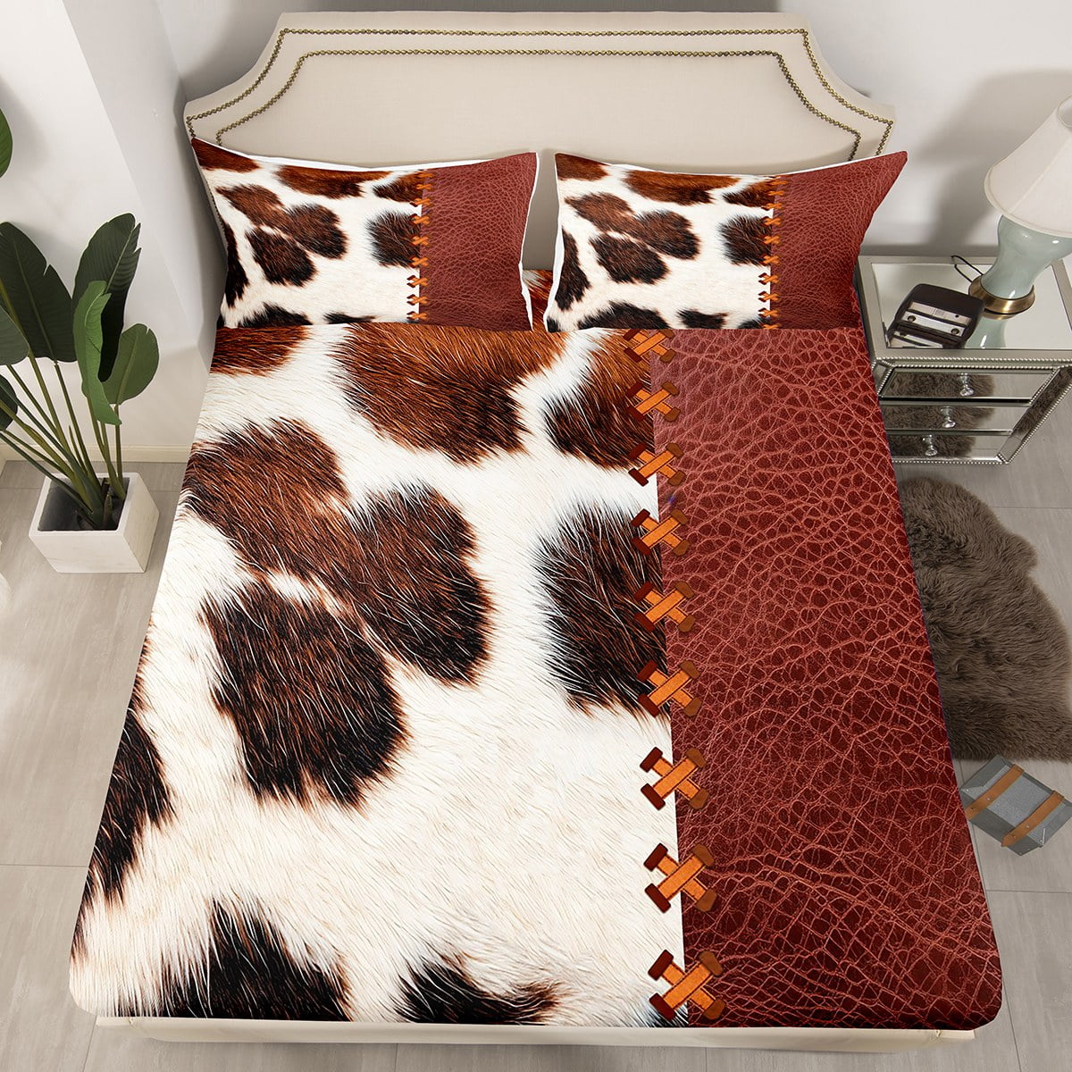 Brown Cowhide Queen Bed Sheets for Boys,Patchwork Cow Print Bedding Set ...