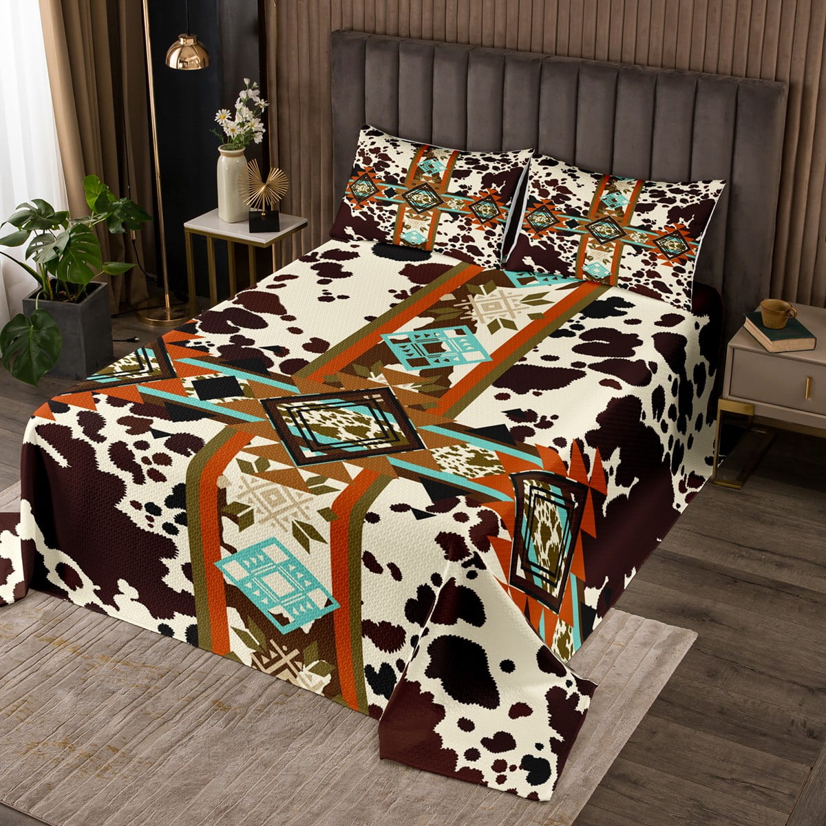 Brown Cowhide Quilt Set Exotic Tribal Arrow Aztec Bedspread Set Queen ...