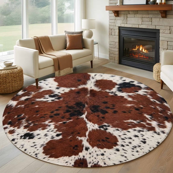 Brown Cowhide Texture Round Rug 5Ft Country Farm Animal Classic White ...