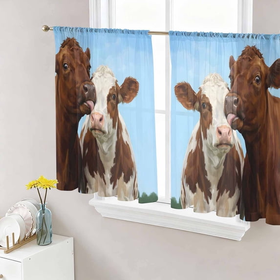 Brown Cows Sheer Curtains 45 Inch Length 2 Panels Set Window Treatments ...