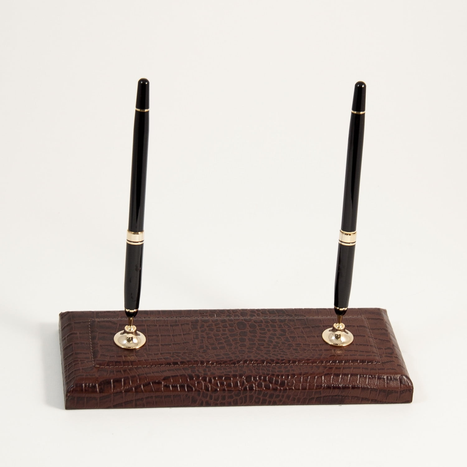 Brown "Croco" Leather Double Pen Stand with Gold Plated Accents ...