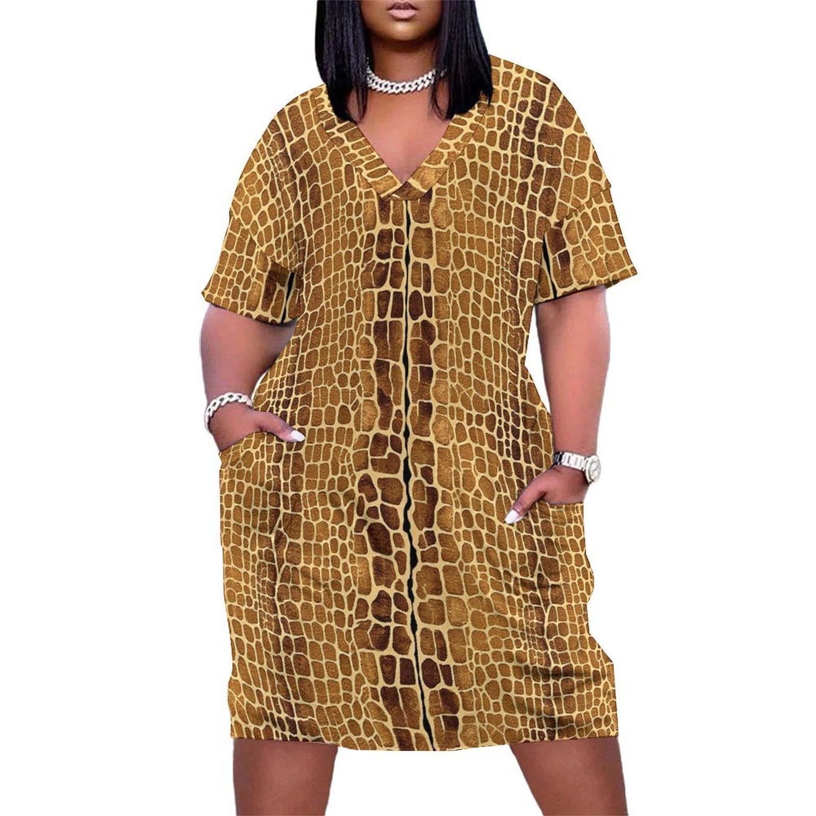 Brown Crocodile Skin Texture Dress Loose Pocket Dress Women Clothing 2025 New Arrivals Elegant ...