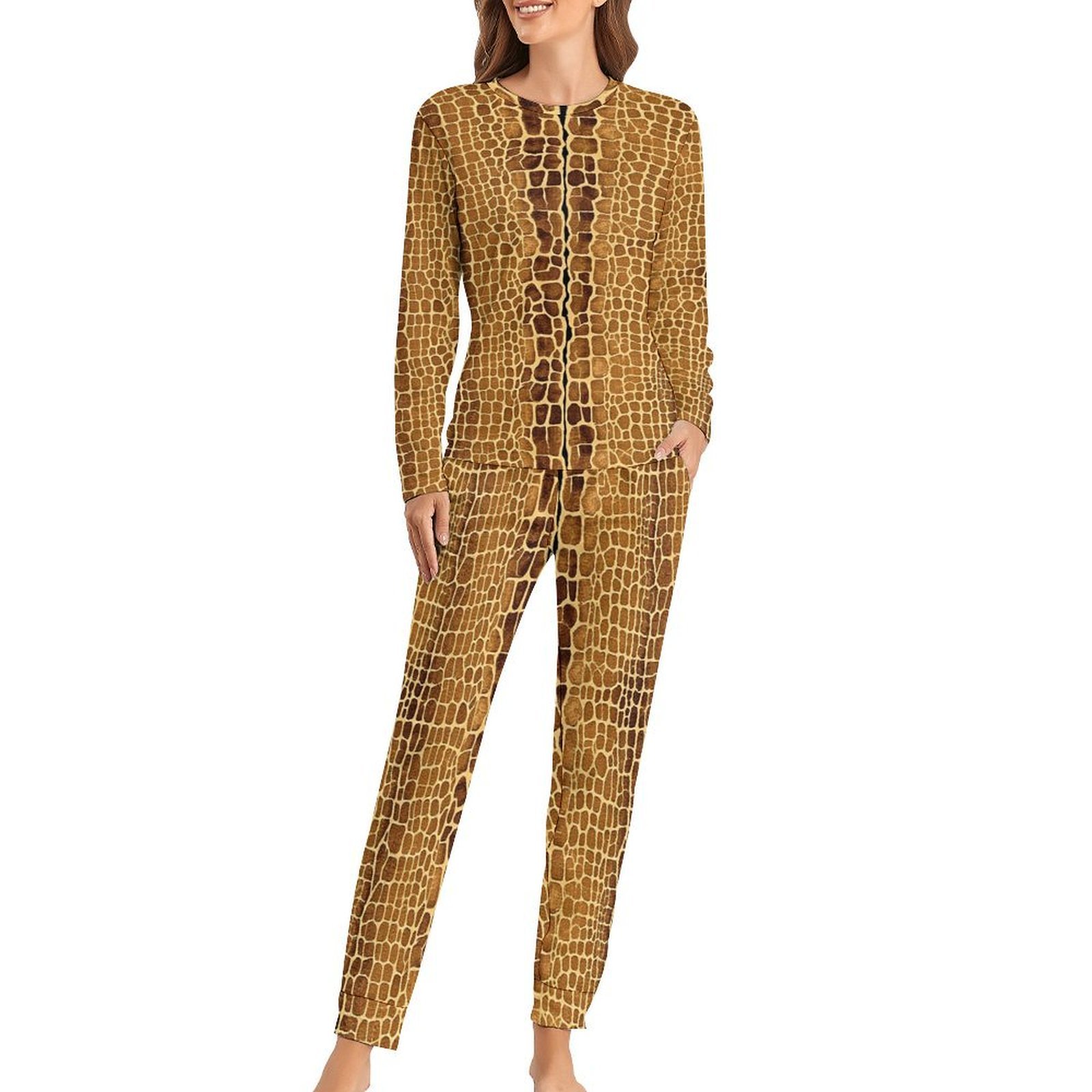 Brown Crocodile Skin Texture Pajamas Woman Long Sleeves Cute Pajama ...