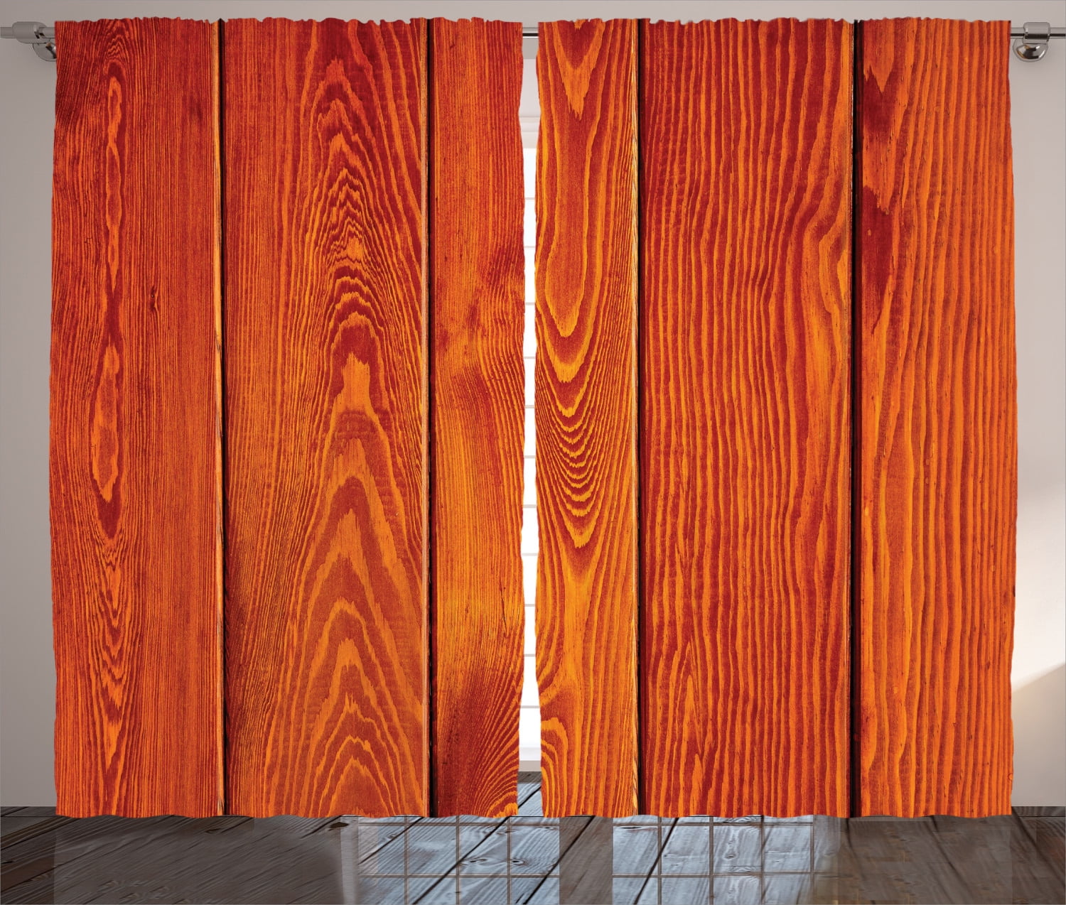 Ambesonne Rustic Curtains 2 Panel Set, Wood Timber Floor Orange, 108" x ...