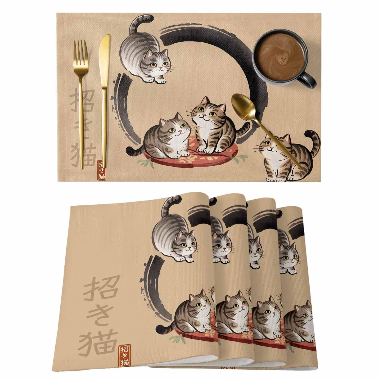 Brown Cute Cat Placemats Set of 6, Modern Art Placemats for Dining ...