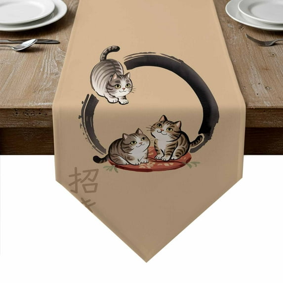 Brown Cute Cat Table Runner Linen Burlap Table Runner 90 Inches Long ...