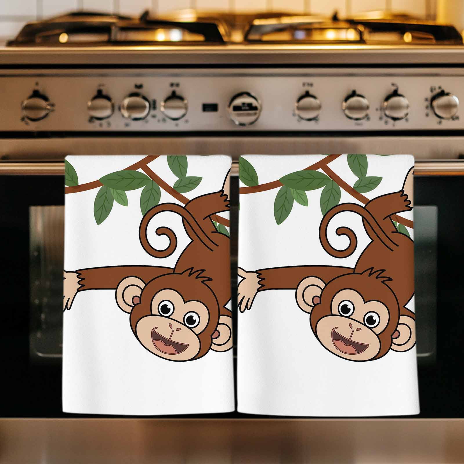 Brown Cute Monkey Kitchen Towels Set of 2, Playing Funny Animal on ...