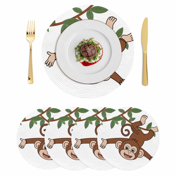 Brown Cute Monkey Round 15 Inch Placemats Set of 4, Playing Funny ...