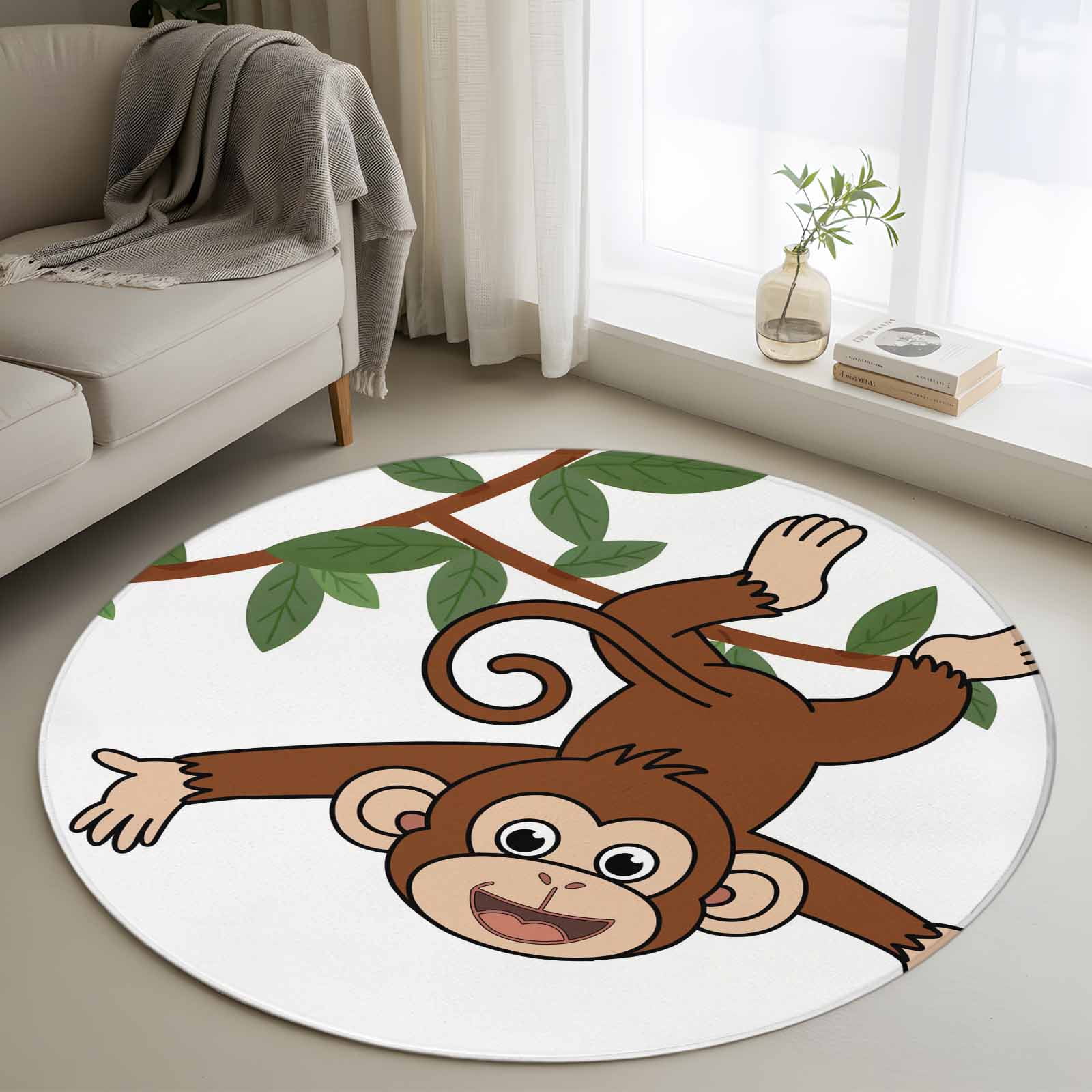 Brown Cute Monkey Round Area Rug 4 FT, Non Slip Indoor Outdoor Rug ...