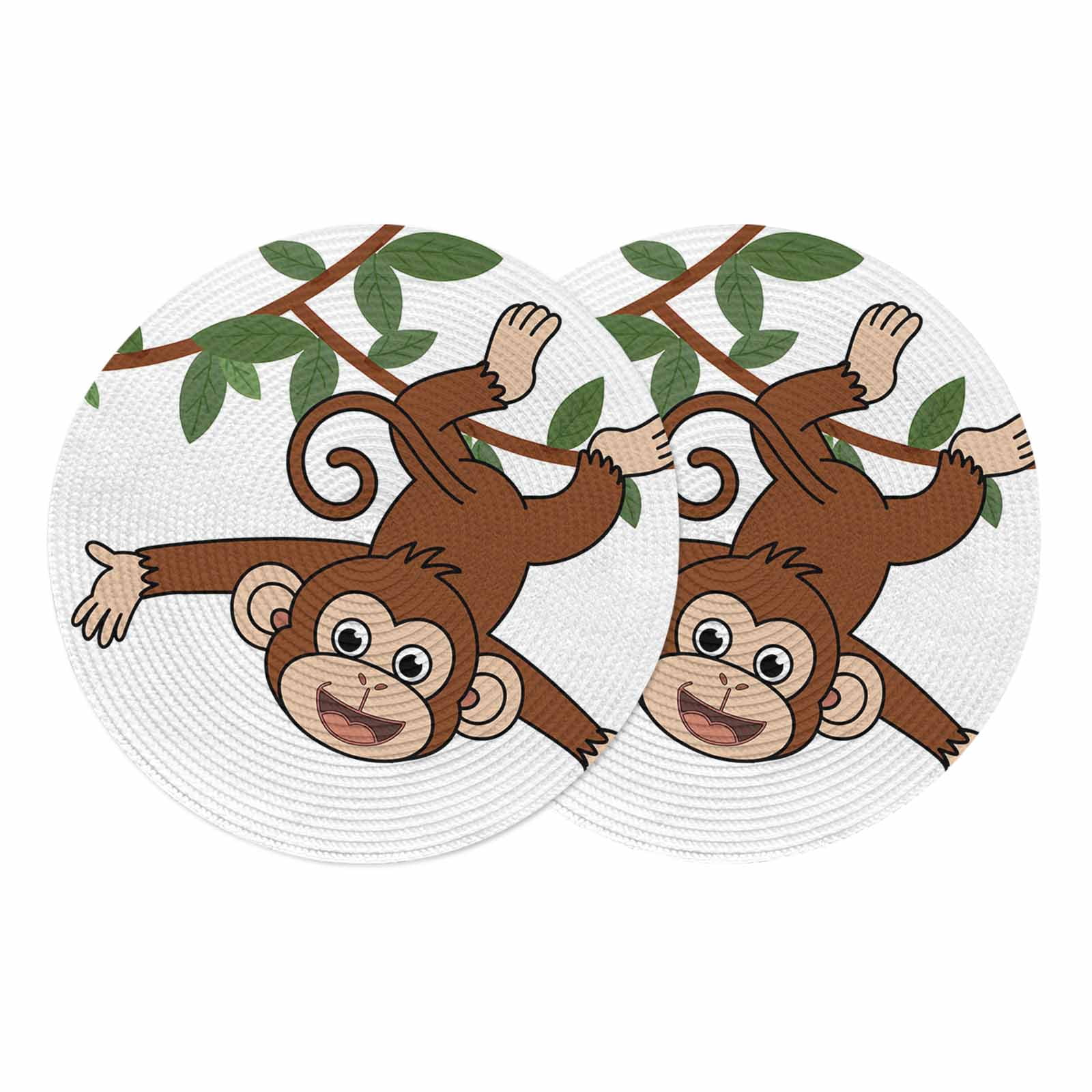 Brown Cute Monkey Round Placemats Set of 2 Playing Funny Animal on ...