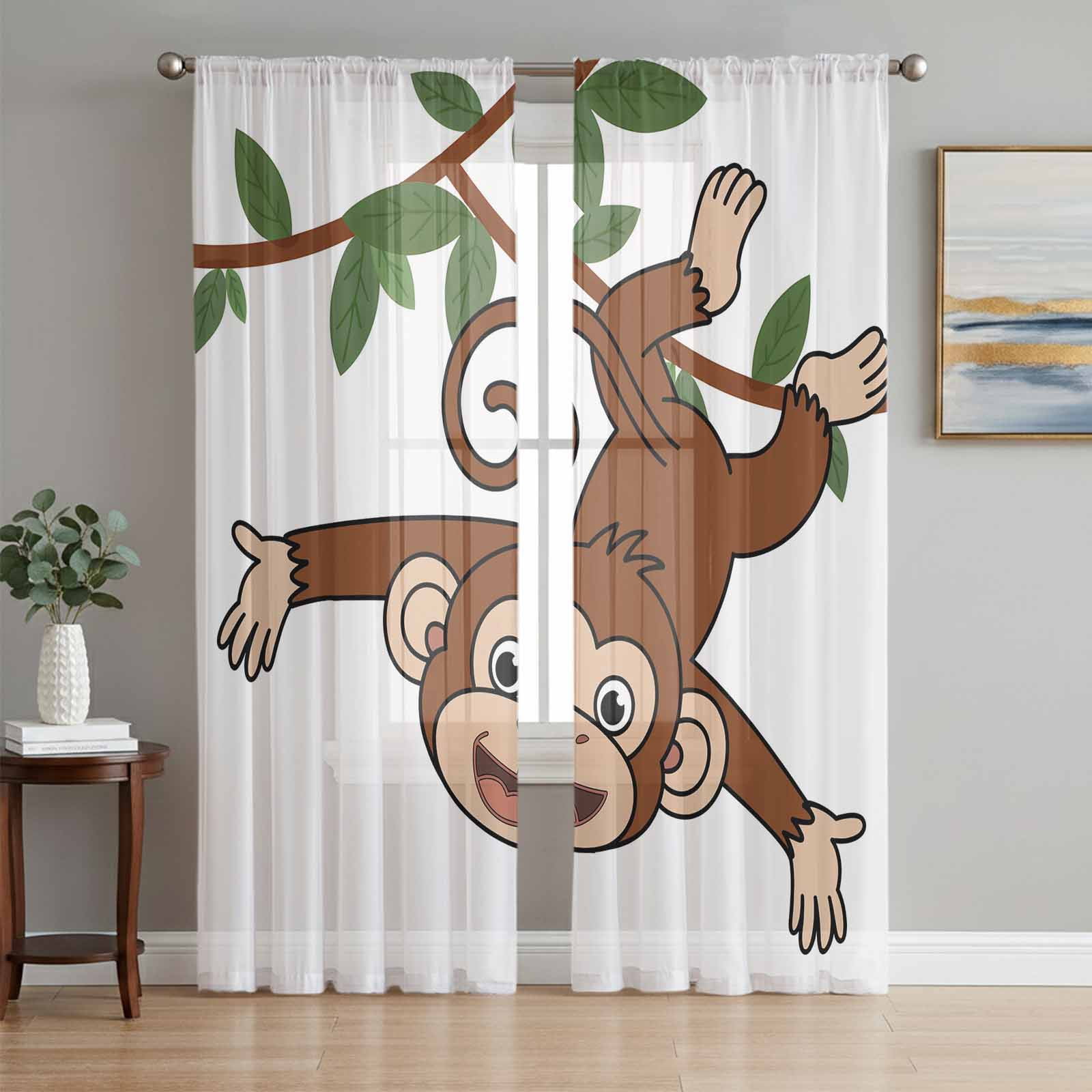 Brown Cute Monkey Sheer Curtains 72 Inch Length 2 Panels Set, Playing ...