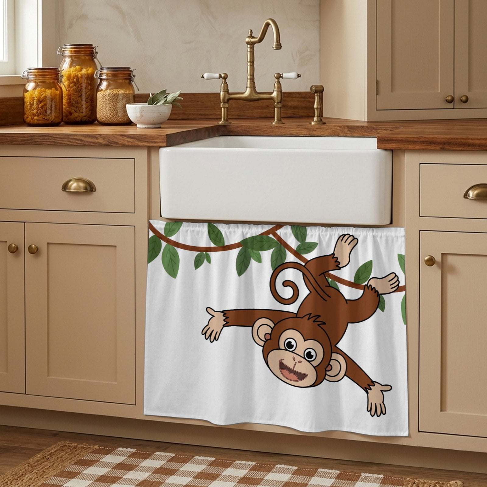Brown Cute Monkey Small Cabinet Curtains 10.8"W x 13.4"L, Playing Funny ...