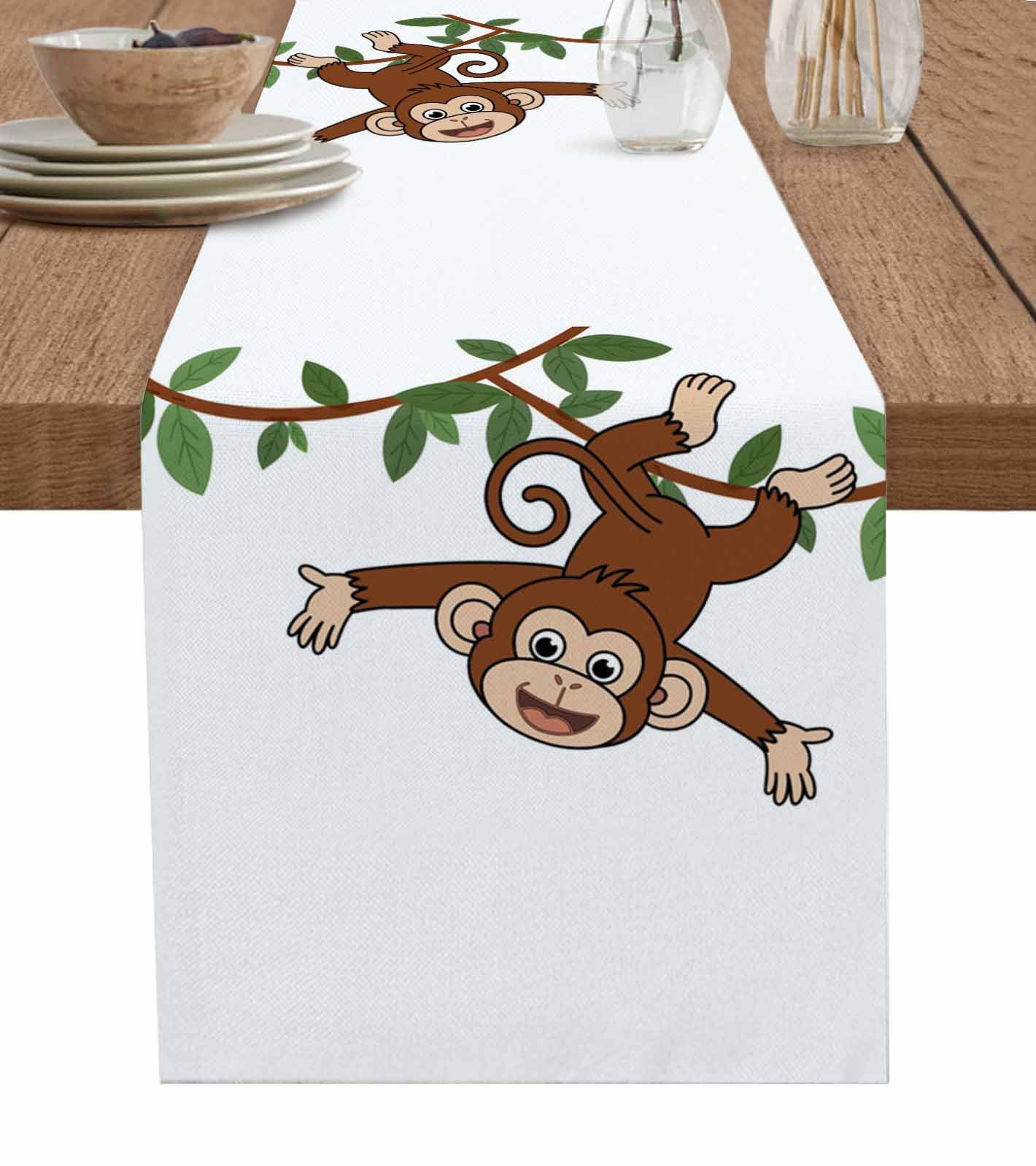Brown Cute Monkey Table Runner 72 Inches, Green Leaves Vine Branch ...