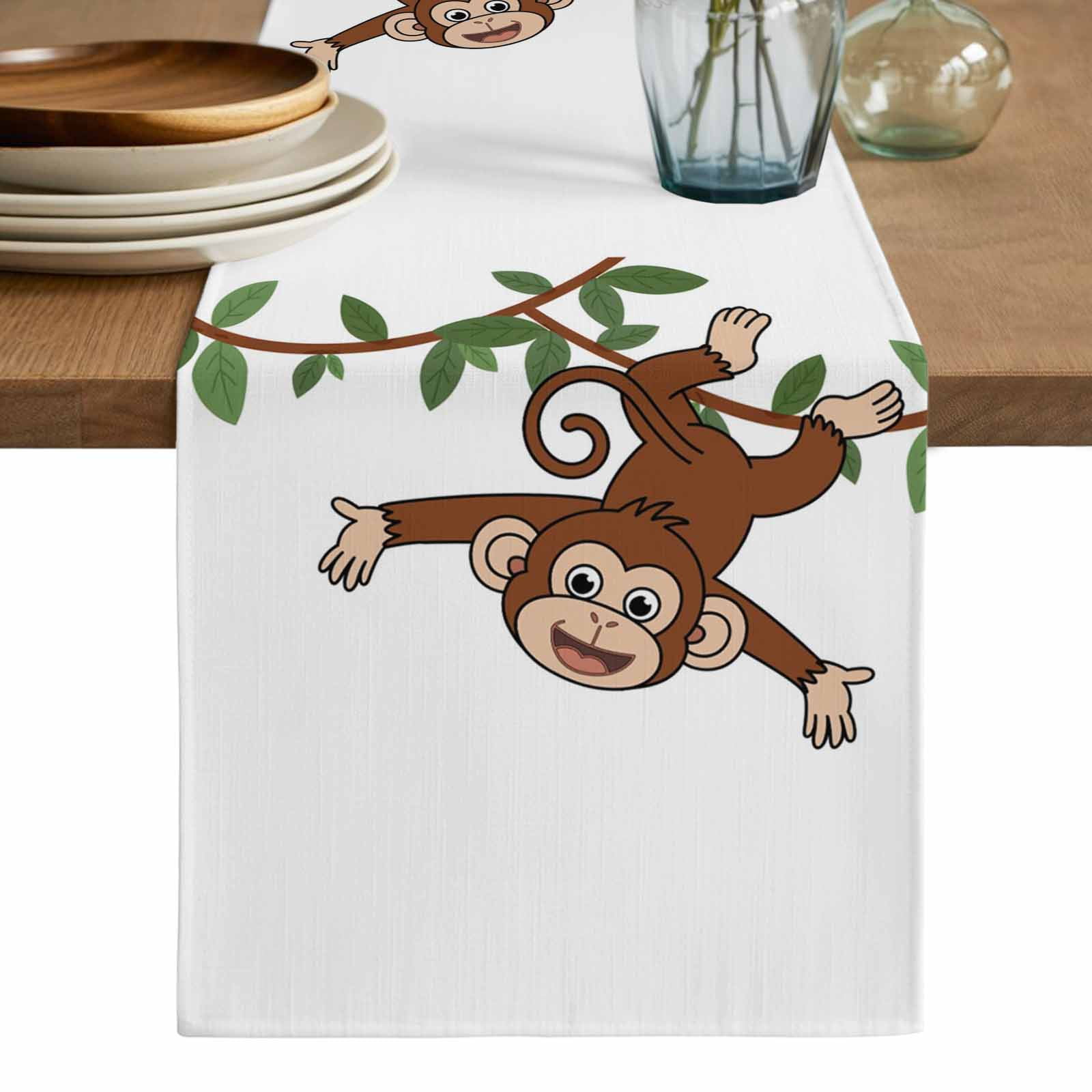 Brown Cute Monkey Table Runner, Playing Funny Animal on Branch Washable ...