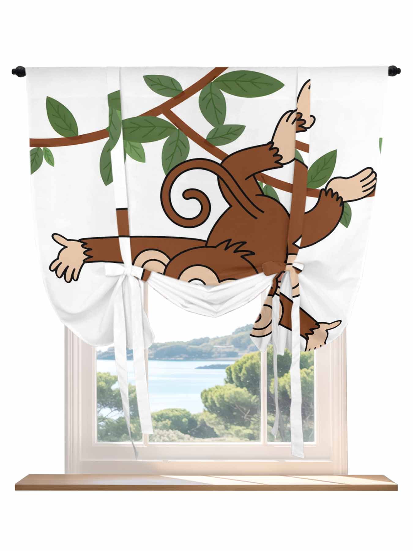 Brown Cute Monkey Tie Up Curtains for Windows 45 Inch Length Balloon ...