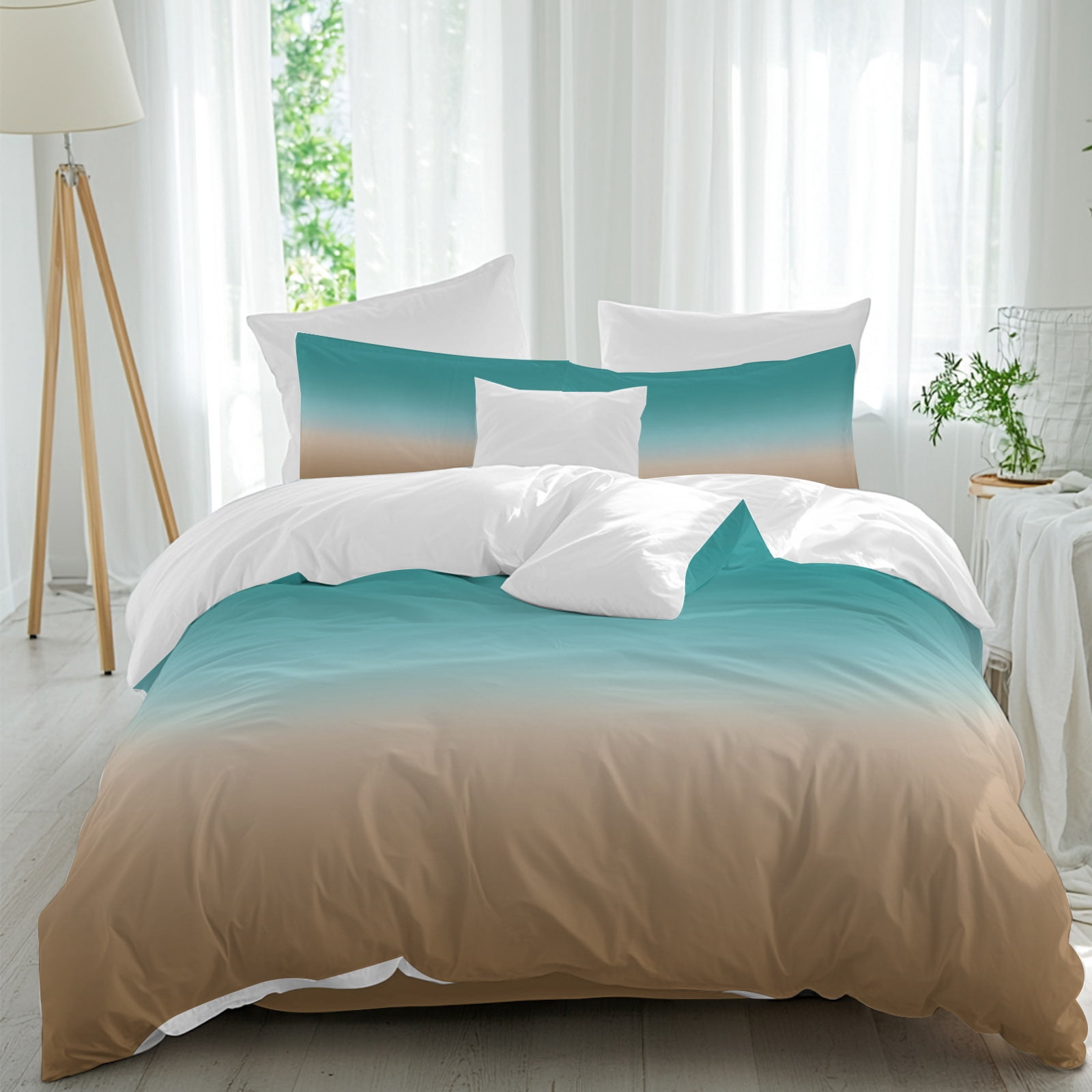 Brown Cyan Comforter Set Full Size, Turquoise Gradient Soft Bedding Set ...