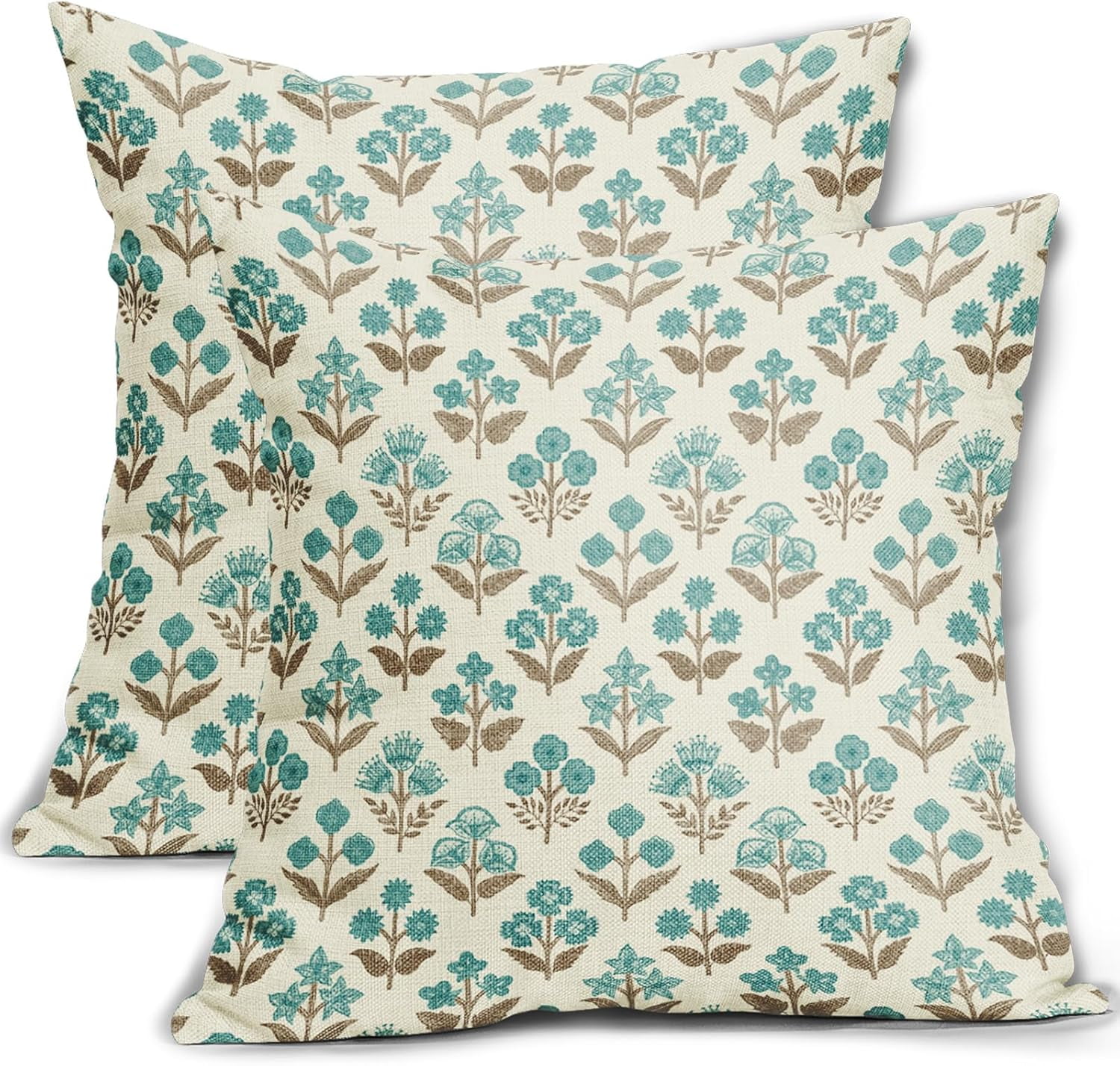Brown Cyan Floral Block Print Pillow Covers 20x20 Inch Set of 2 ...