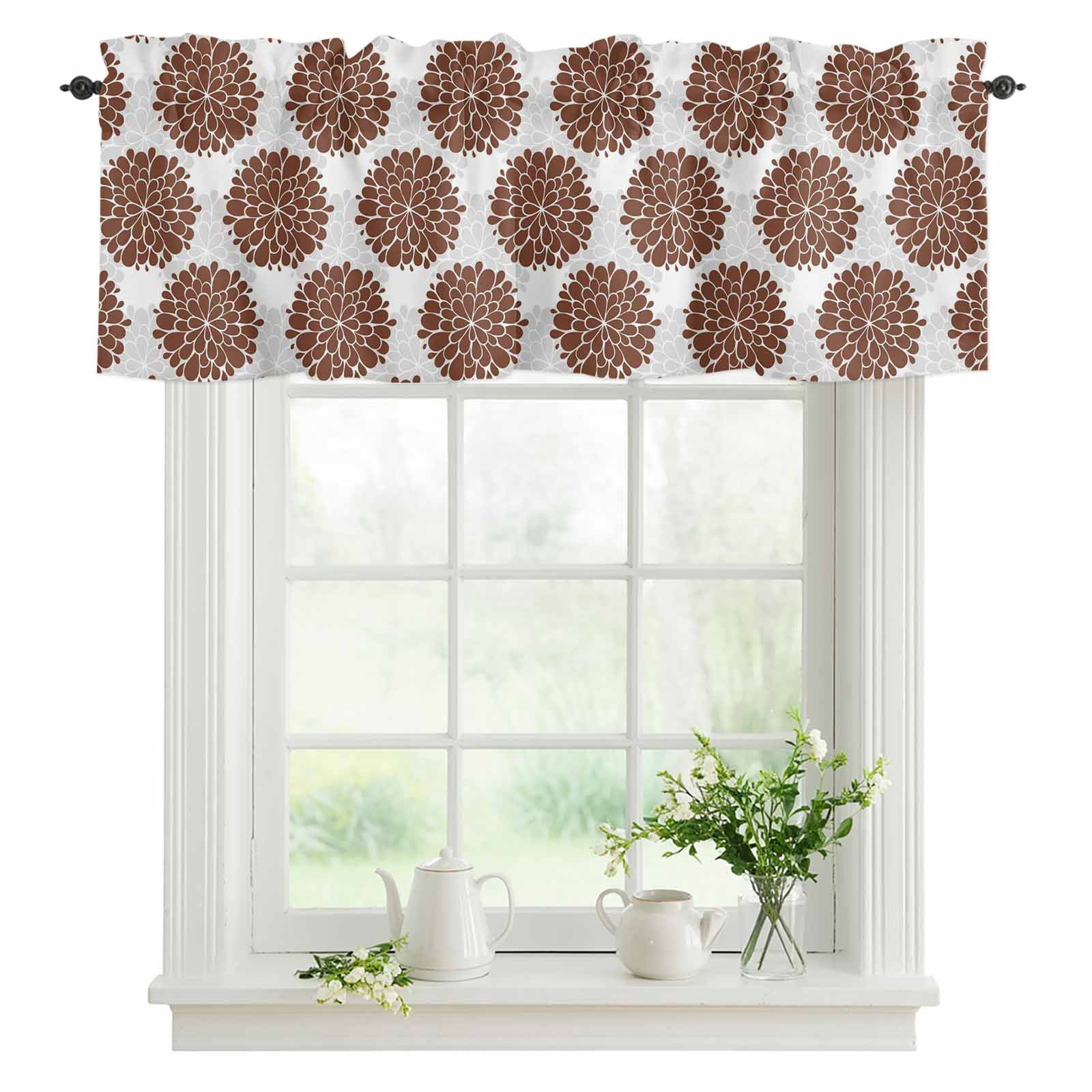 Brown Dahlia Flowers Valances for Windows, Rod Pocket Kitchen Valance ...