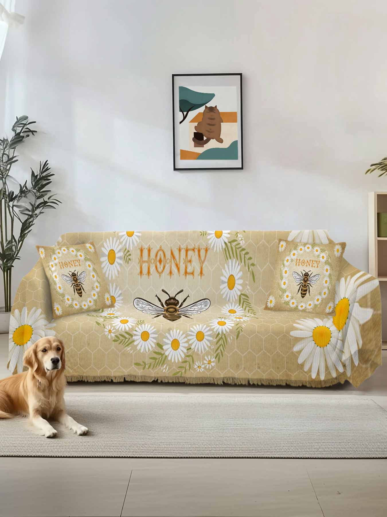 Brown Daisy Bees Couch Cover, Spring Farmhouse Honey Floral Rings Sofa ...
