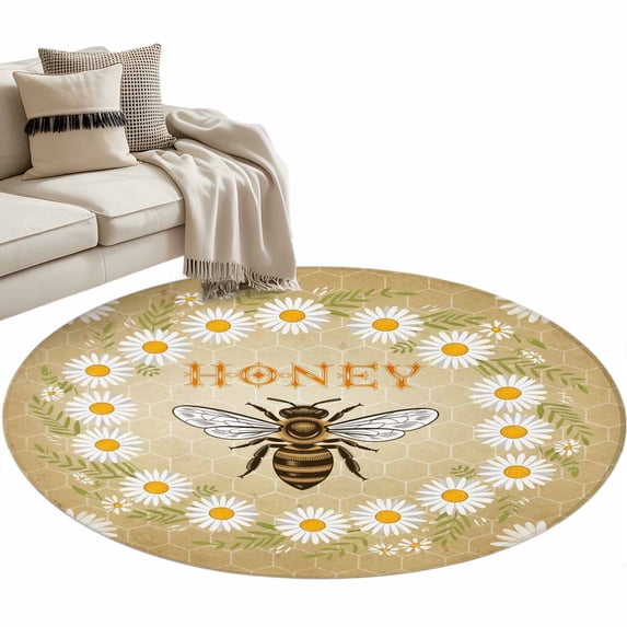 Brown Daisy Bees Round Area Rugs Collection 3.3', Spring Farmhouse ...
