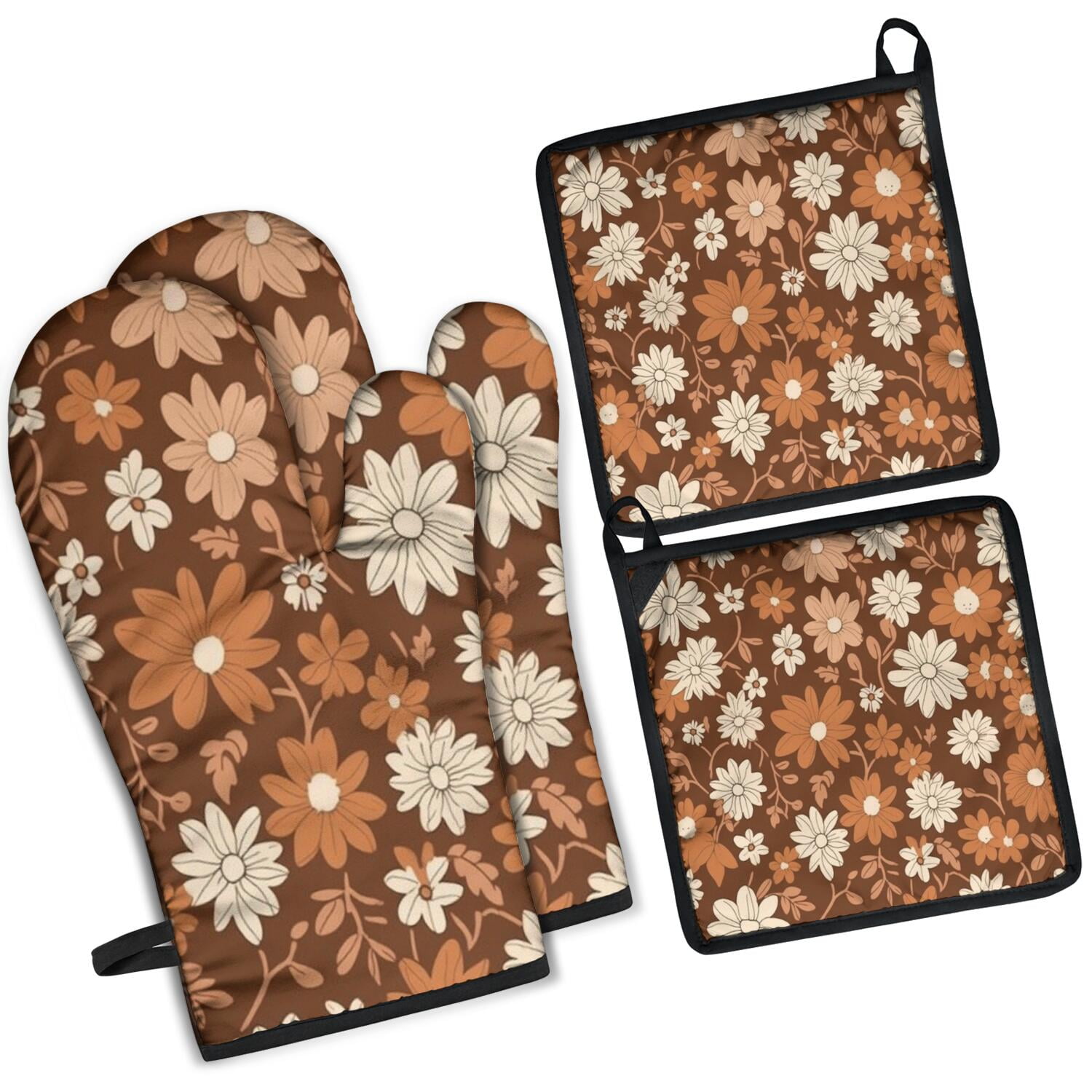 Brown Daisy Flower Floral Pattern Kitchen Oven Mitt and Pot Holder Sets ...