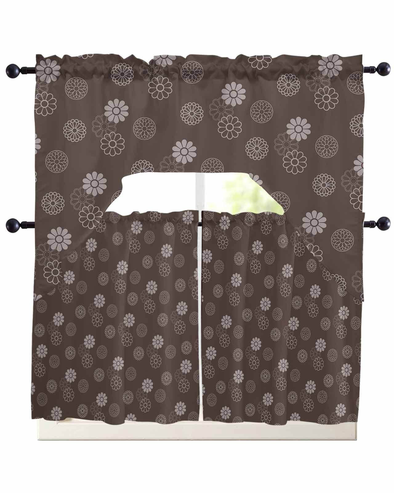 Brown Daisy Swag Kitchen Curtains Sets for Windows 24 Inch Length ...
