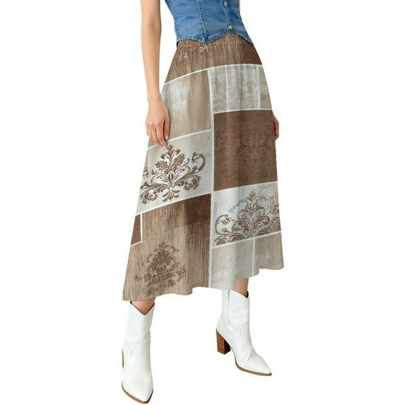 Brown Damask Patchwork Design Women High Waist Midi Skirt Elegant Midi ...