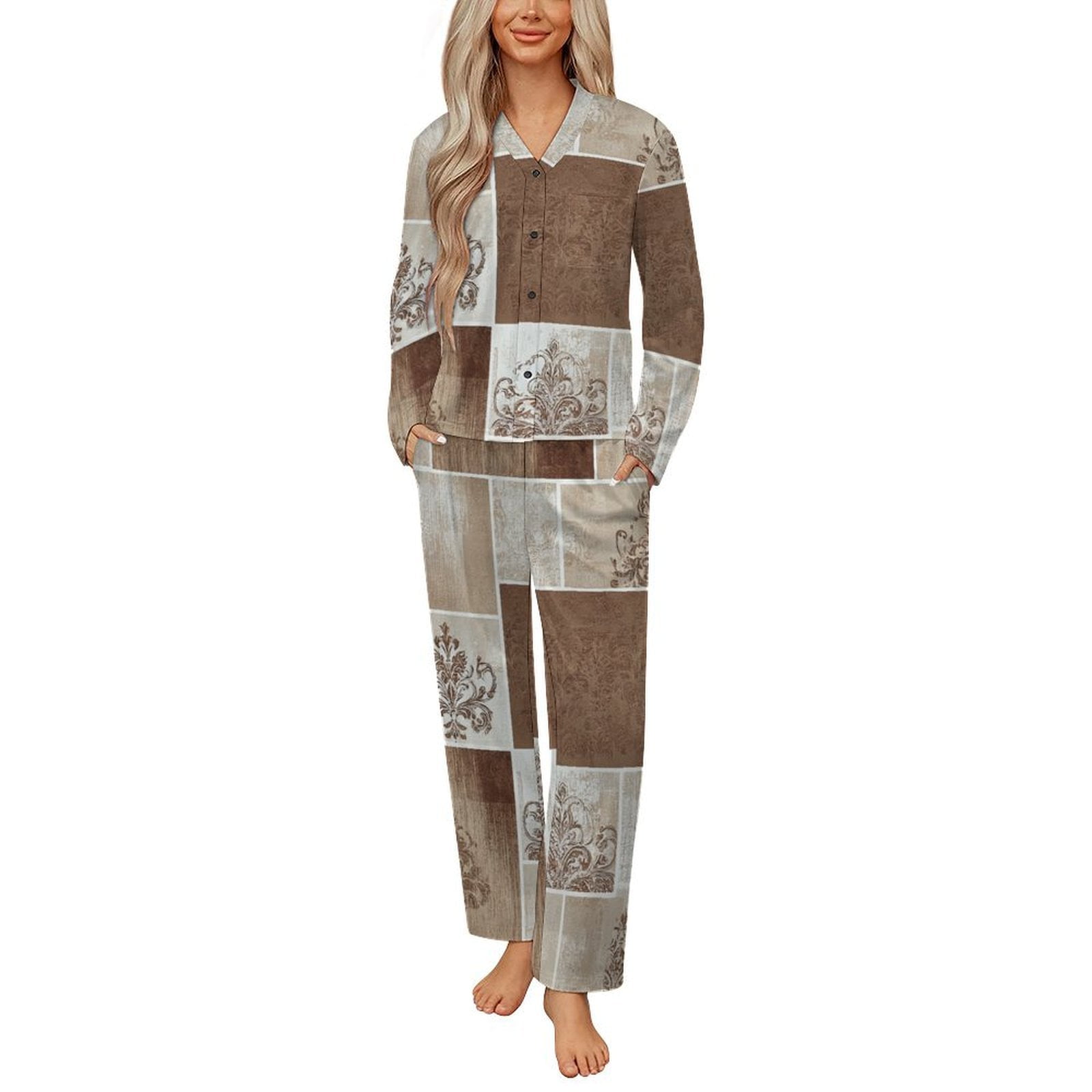 Brown Damask Patchwork Design Womens Pyjamas Set Button Up Pyjamas ...