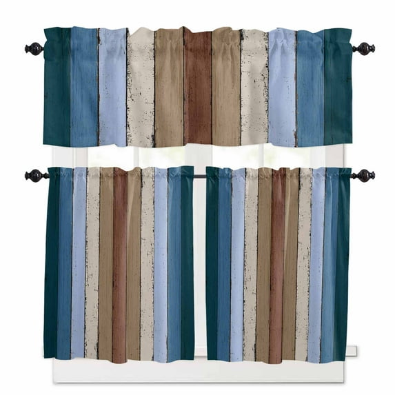 Brown Deep Blue Kitchen Curtains Valances and Tiers Set of 3, 36 Inch ...
