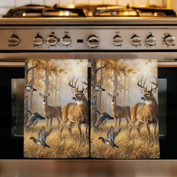 Brown Deer Birds Kitchen Towels Set of 2, Autumn Forest Trees Grass ...