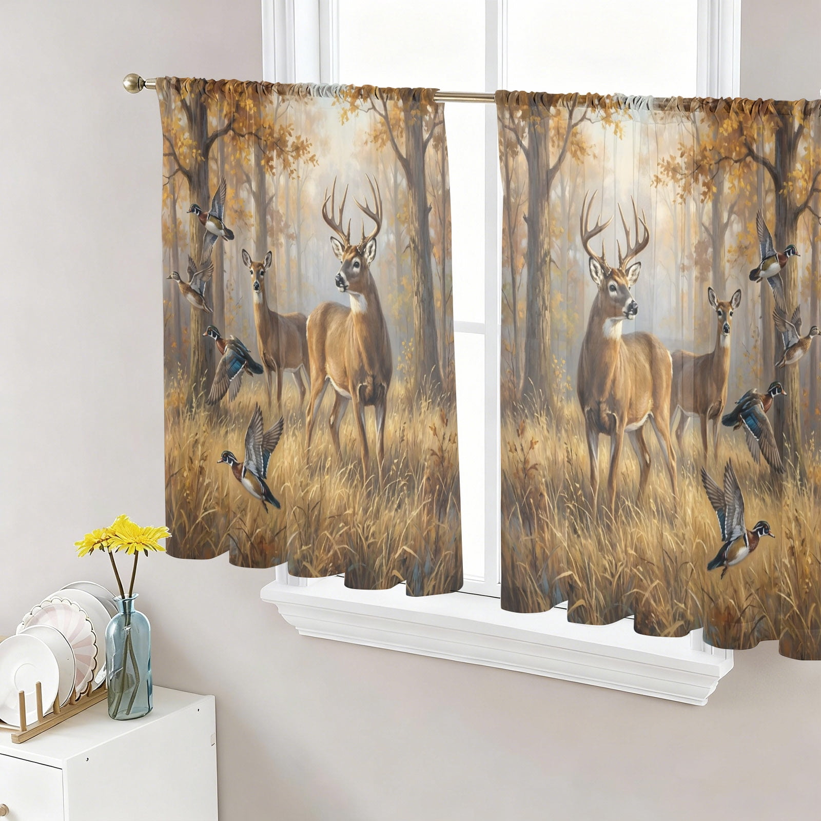 Brown Deer Birds Sheer Curtains for Living Room Bedroom Autumn Forest ...