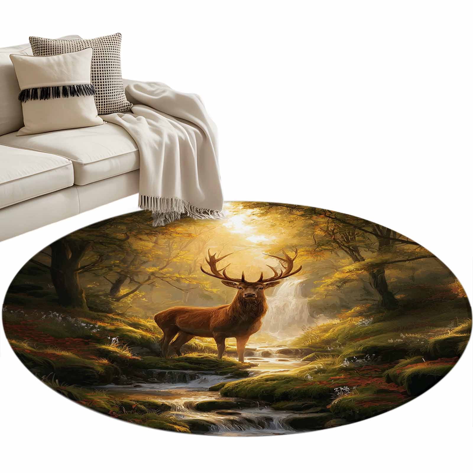 Brown Deer Round Rug 4ft Washable Circle Entryway Rugs Non Slip Forest ...
