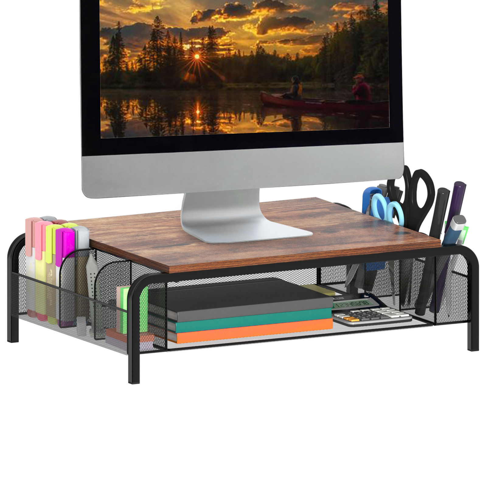 Qiilu Wooden Computer Monitor Stand Riser With Drawers Laptop Tv Stand ...