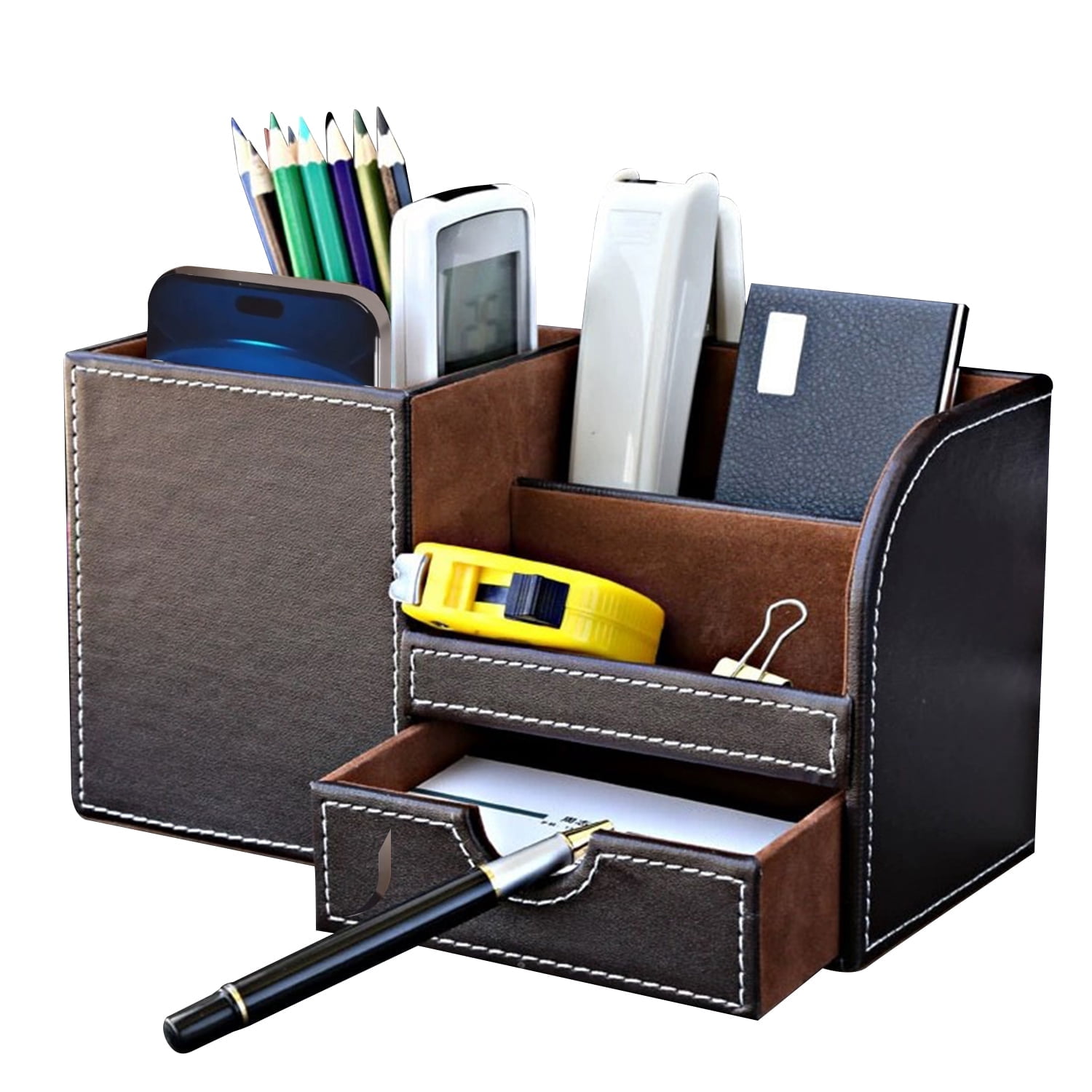 Brown Desk Organizer, High-Capacity PU Leather Office Desktop ...