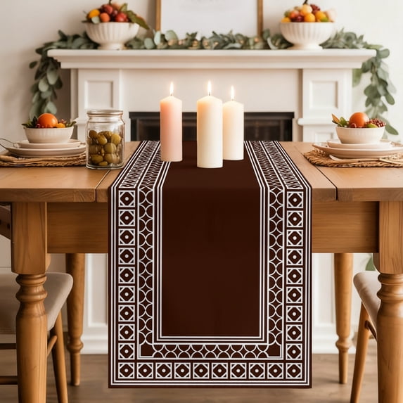 Brown Dining Table Runner, Boho Diamond Pattern Border Rustic ...