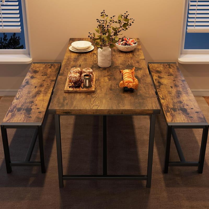 Brown Dining Table Set for 4, Kitchen Table with 2 Metal Wood Benches ...